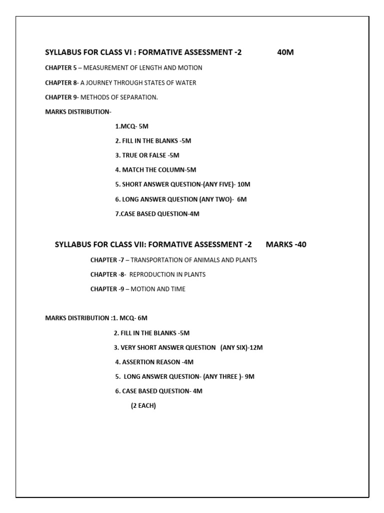 Class VI & VII Formative Assessment Syllabus | PDF