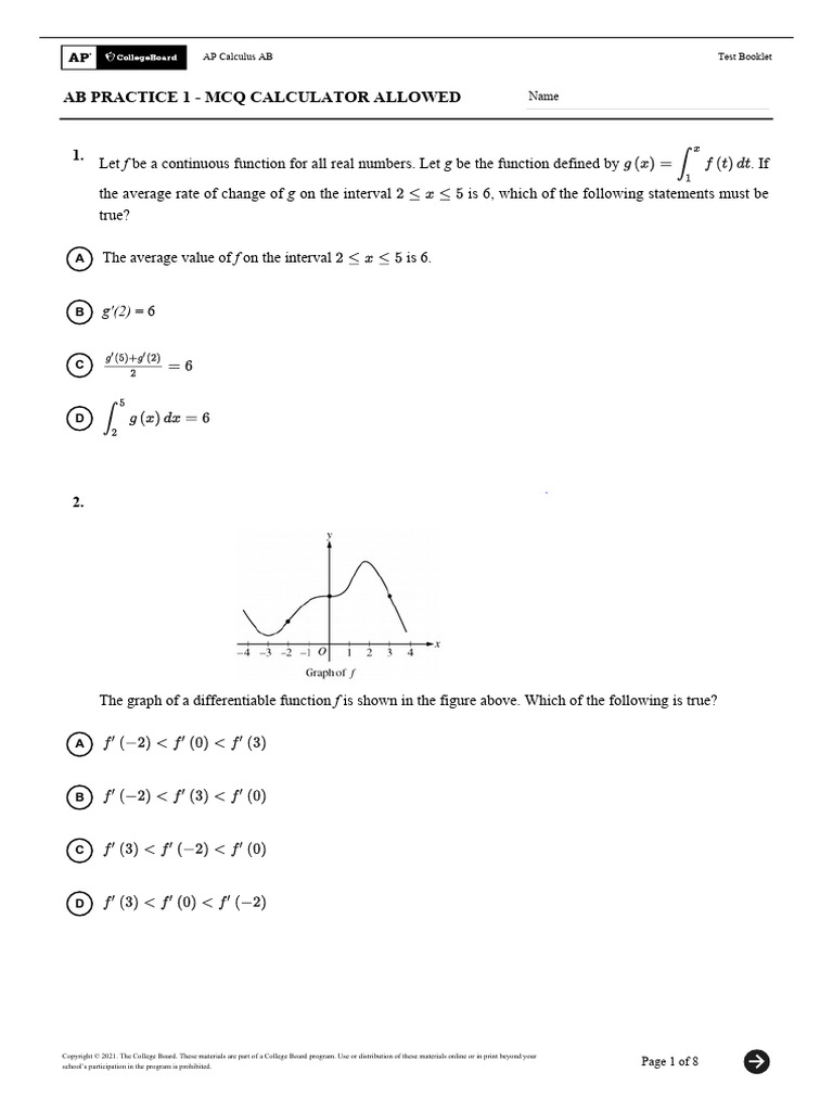 AP Calculus AB Practice Test MCQs | PDF | Function (Mathematics ...