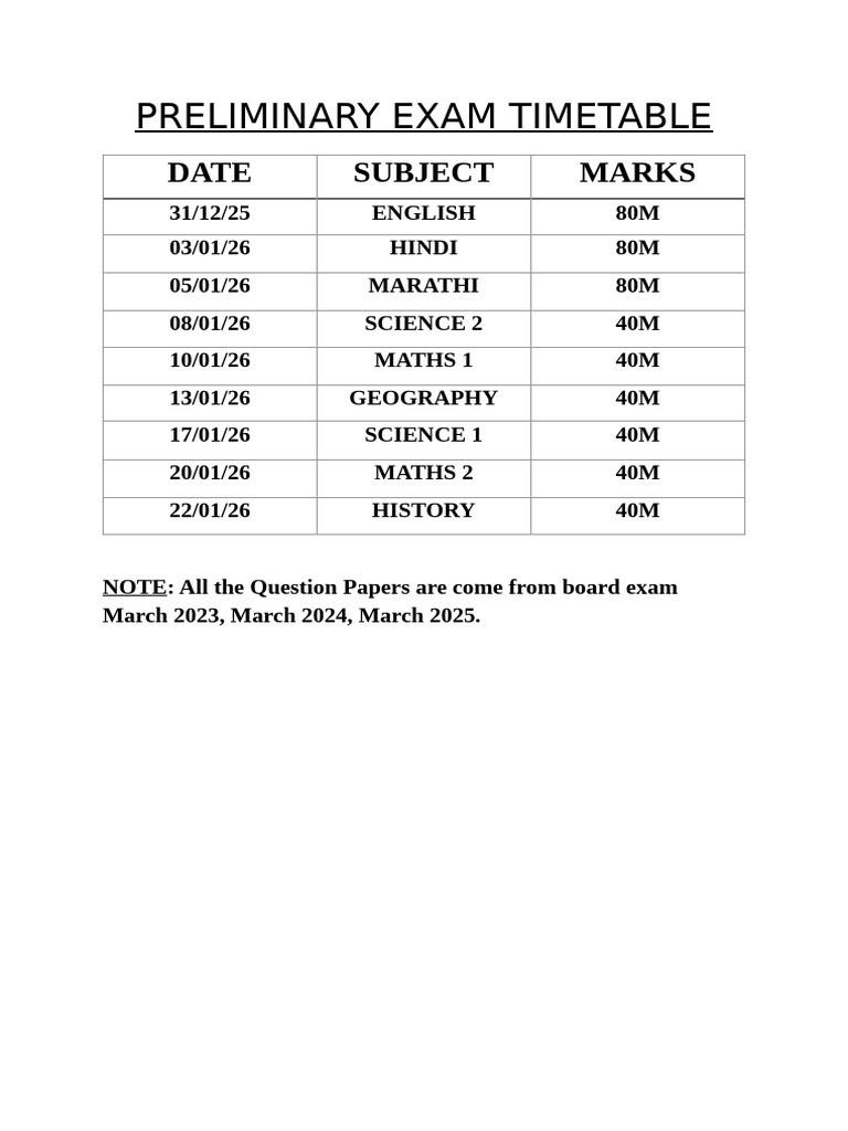 Preliminary Exam Timetable (X-STD) | PDF