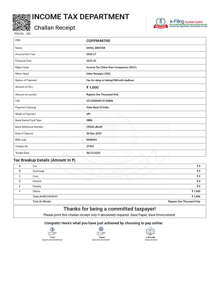Income Tax Challan Receipt for PAN Linking | PDF | Payments | Taxation
