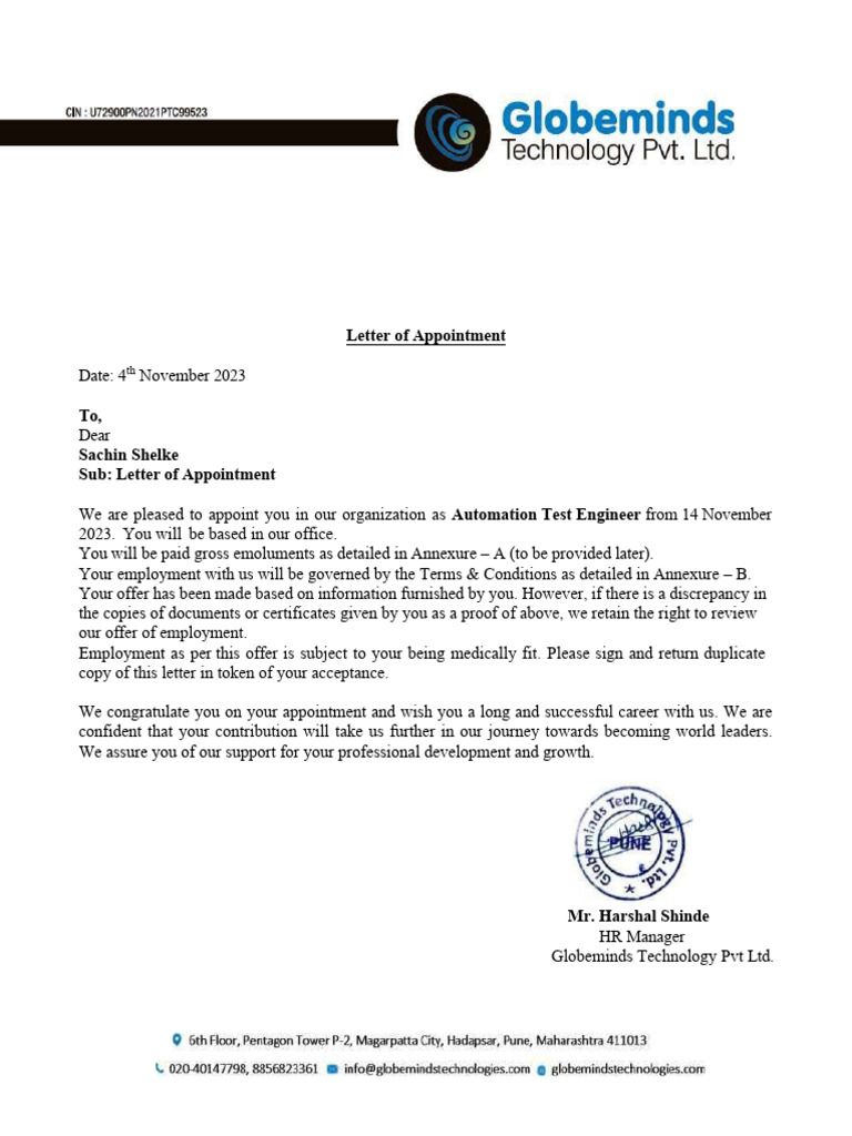 Appointment Letter for Automation Test Engineer | PDF | Contractual ...