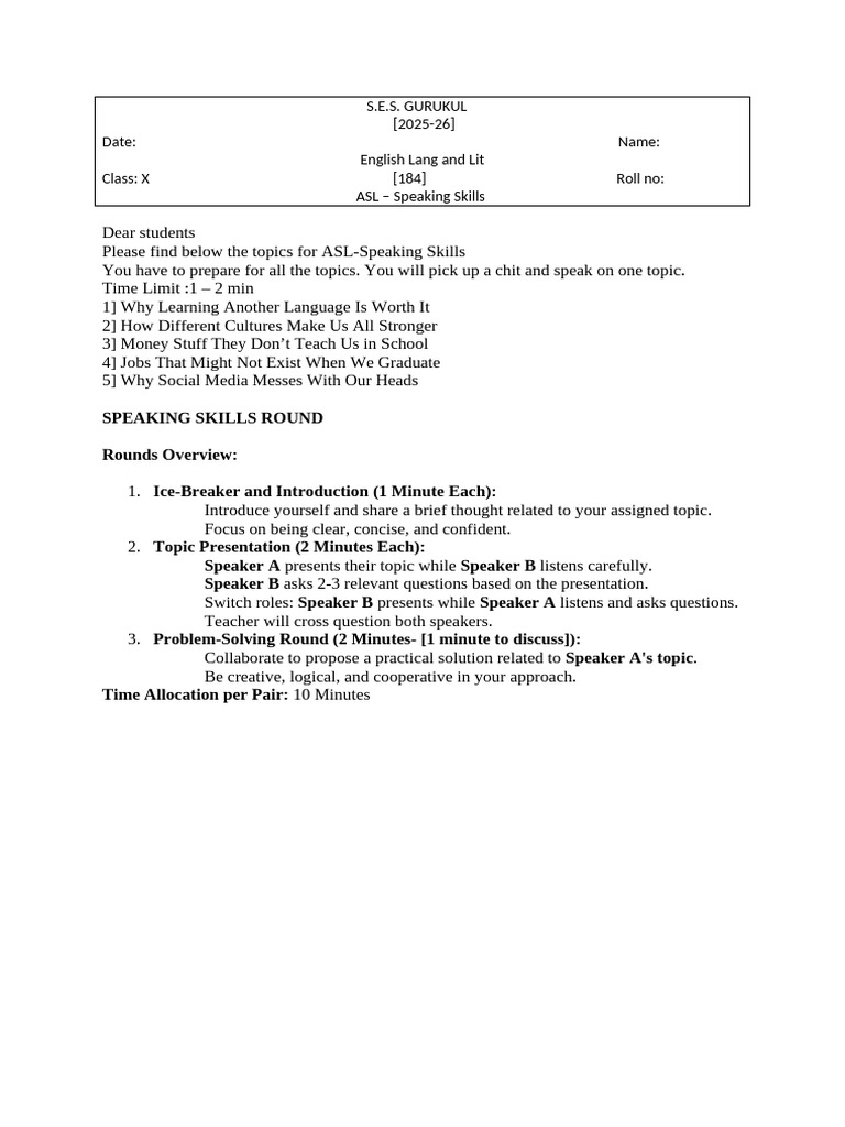 Asl-Speaking Skill Instructions | PDF