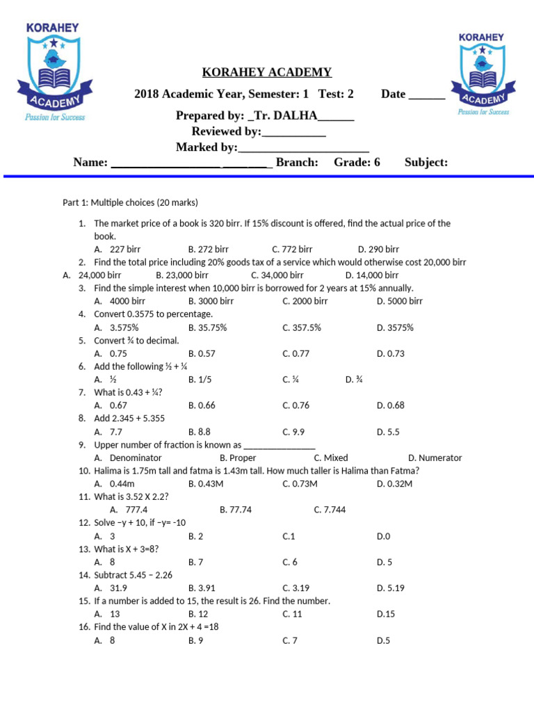 Grade 6 Math Test Questions and Answers | PDF | Number Theory | Arithmetic