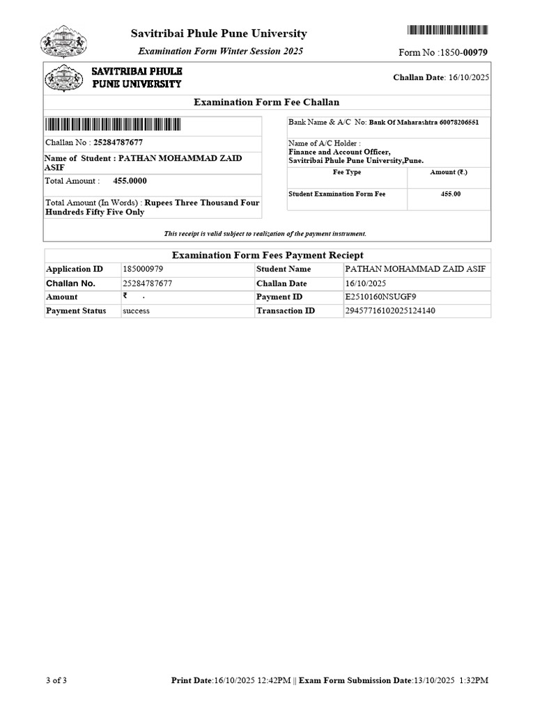 Examination Form Fee Receipt 2025 | PDF