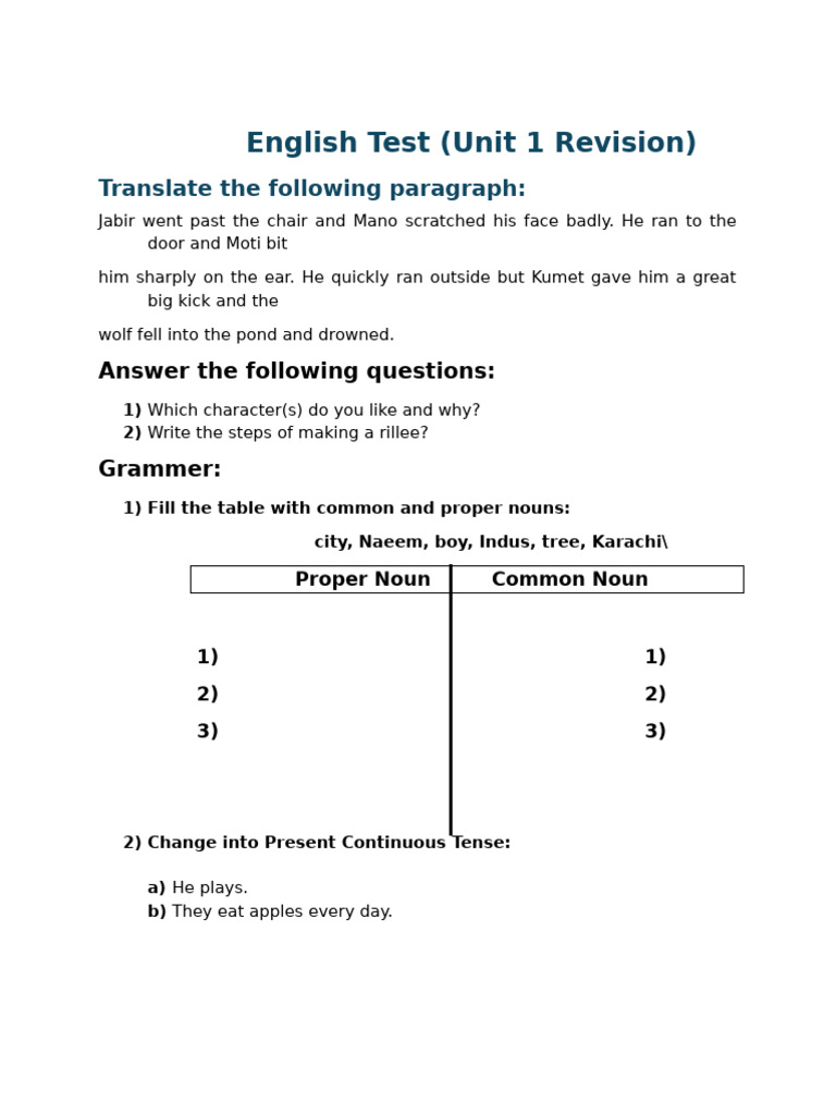 English Test Class V Unit 1 | PDF