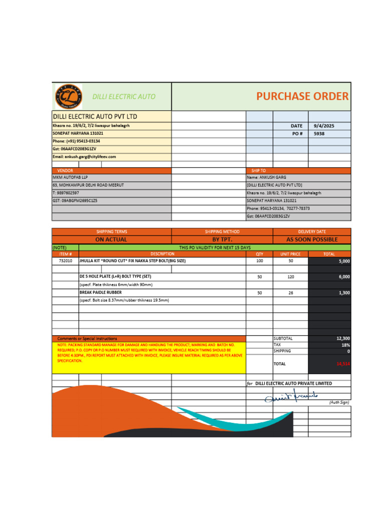 Dilli Electric Auto Purchase Order 5938 | PDF