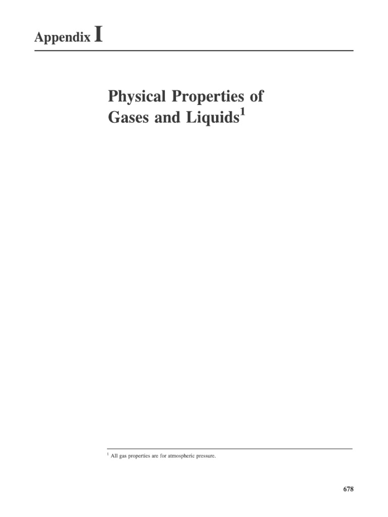 Welty Appendix I Physical Properties of Gases and Liquids | PDF