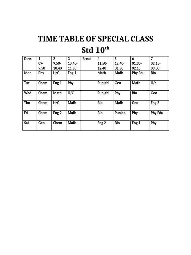 Time Table 10TH CLASS | PDF