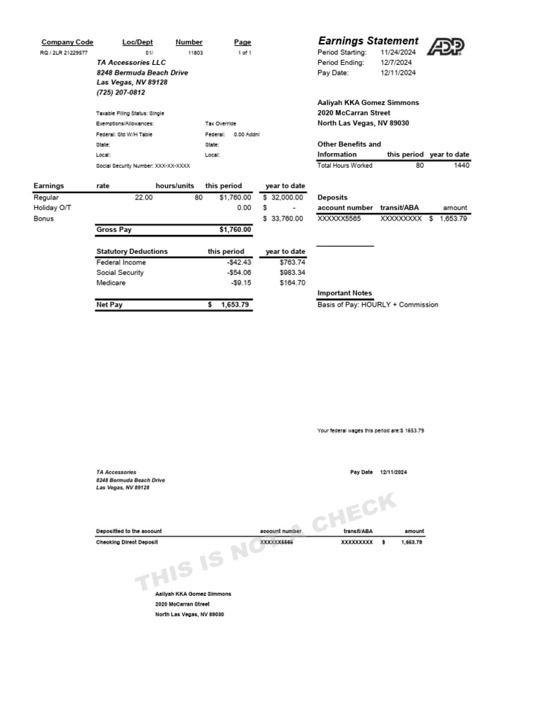 TA Accessories Earnings Statement Summary | PDF | Social Security ...