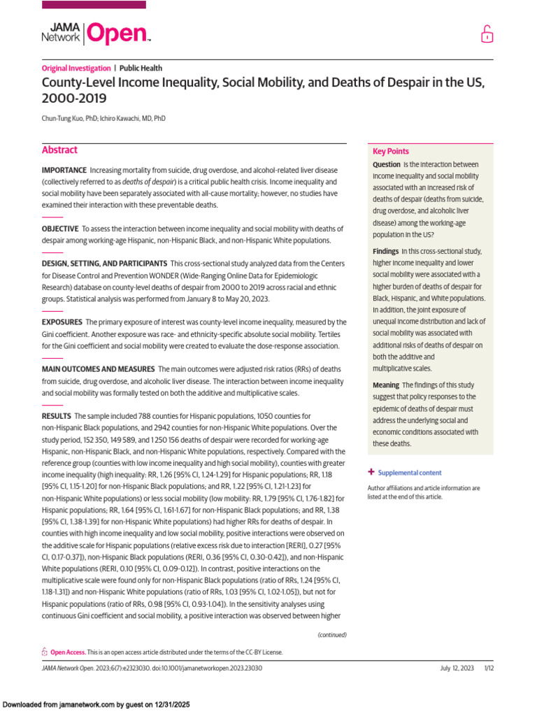Income Inequality and Deaths of Despair | PDF | Social Mobility ...