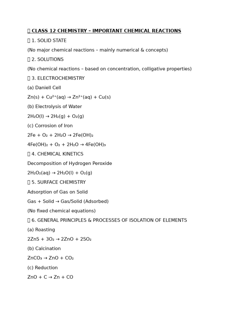 Important Chemical Reactions for Class 12 | PDF | Chlorine | Ozone