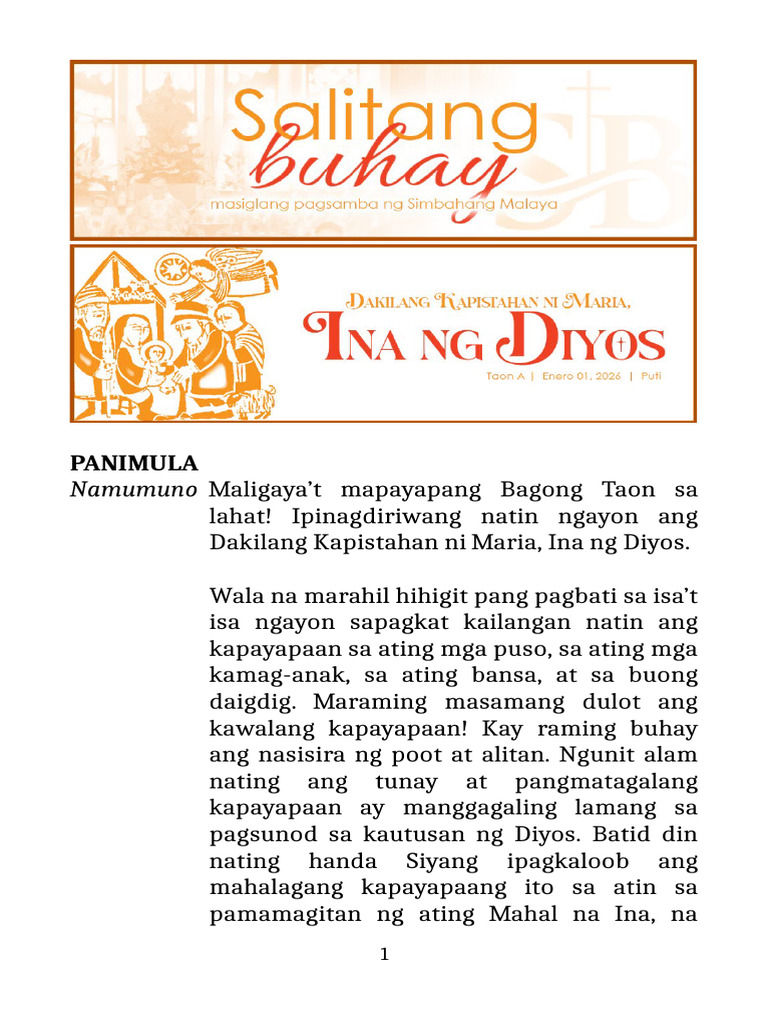 Dakilang Kapistahan Ni Maria Ina NG Diyos 2026 | PDF