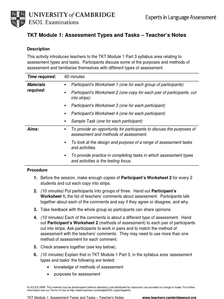 Tkt Module 1 Assessment Types and Tasks | Educational Assessment | Test ...