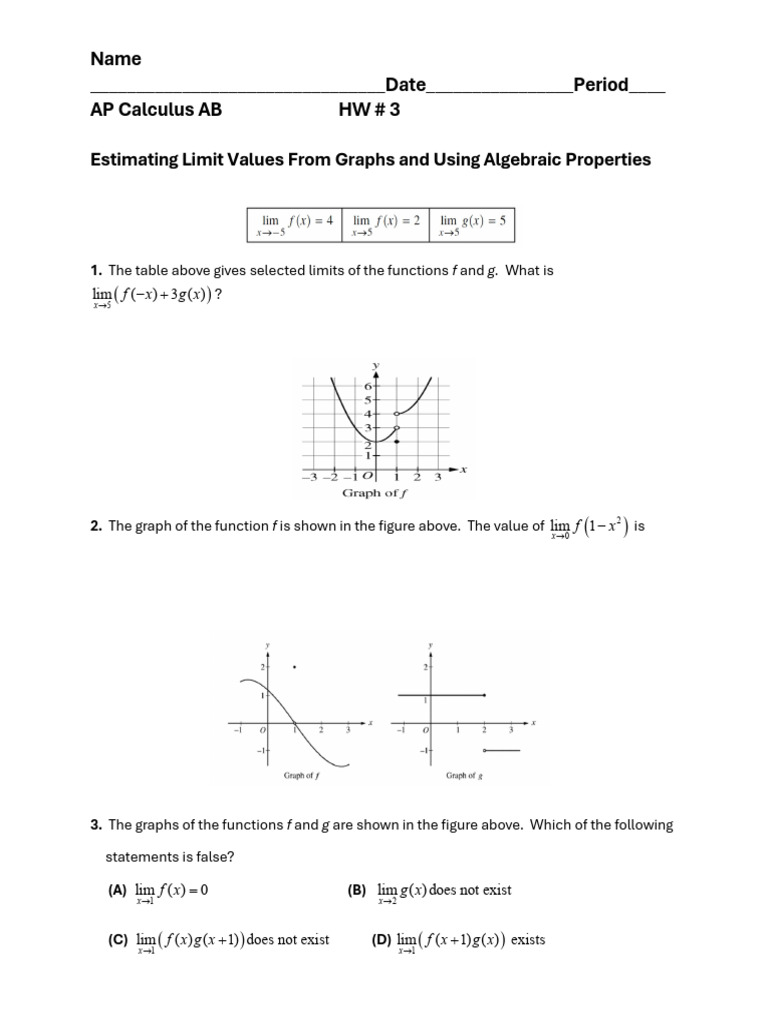 Name - Date - Period - Ap Calculus Ab HW # 3 Estimating Limit Values ...