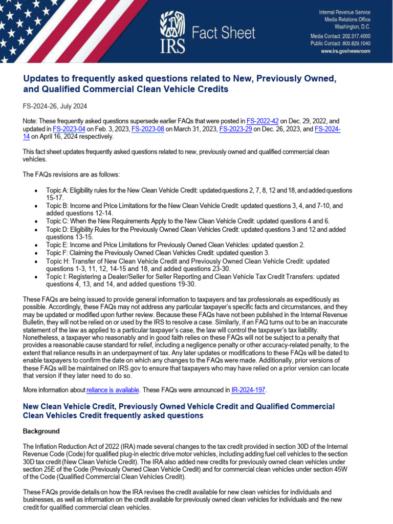 Updated FAQs on Clean Vehicle Credits | PDF | List Price | Irs Tax Forms