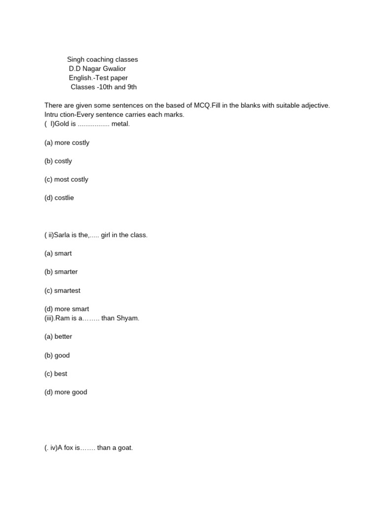 Singh Coaching Classes English Test Paper Class 9th&10th | PDF ...