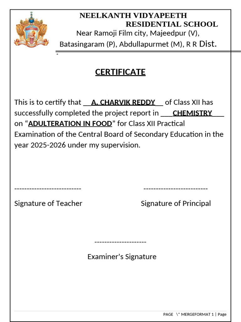 Class XII Chemistry Project Certificate | PDF
