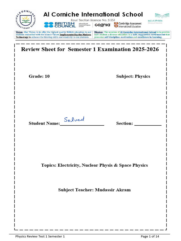 Solved Physics Review Sheet Exams S 1 G-10 2025-26 | PDF
