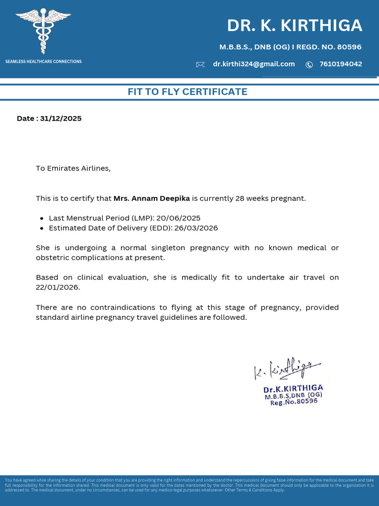 Fit to Fly Certificate for Pregnancy | PDF