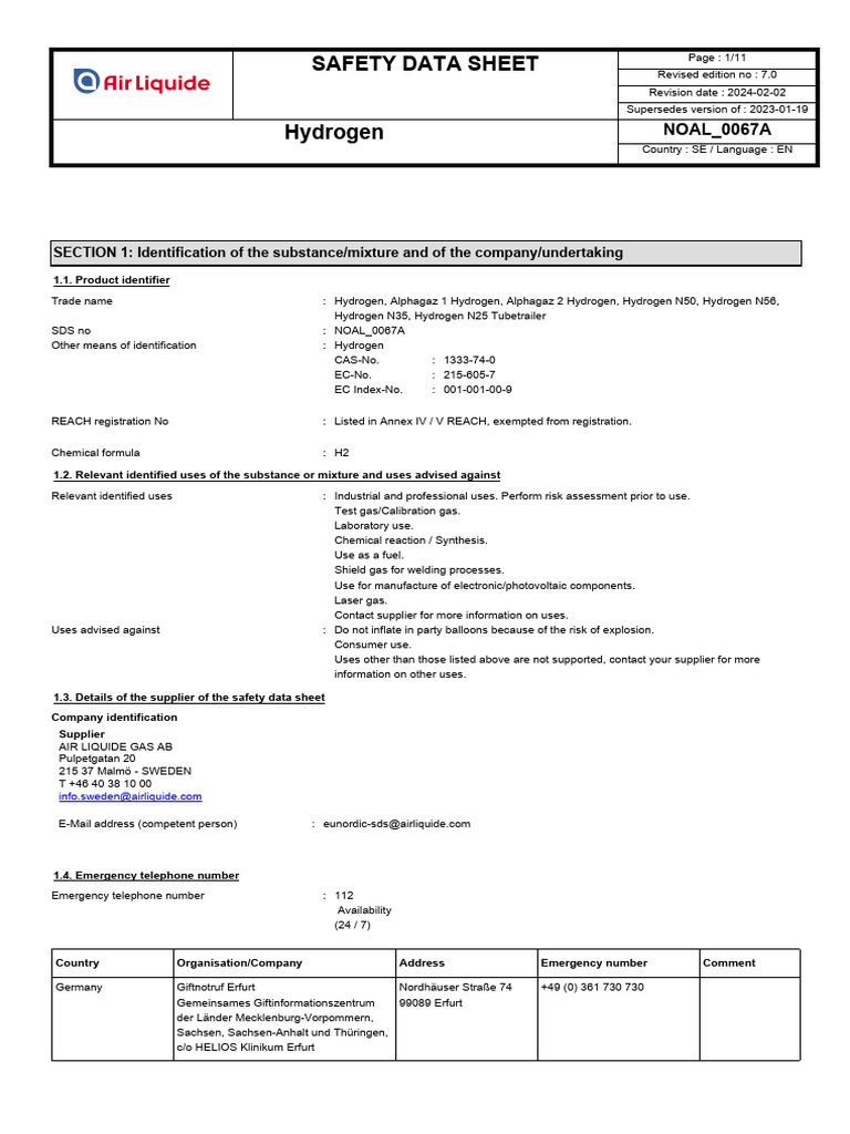 Hydrogen Safety Data Sheet (SDS) | PDF | Hydrogen | Safety