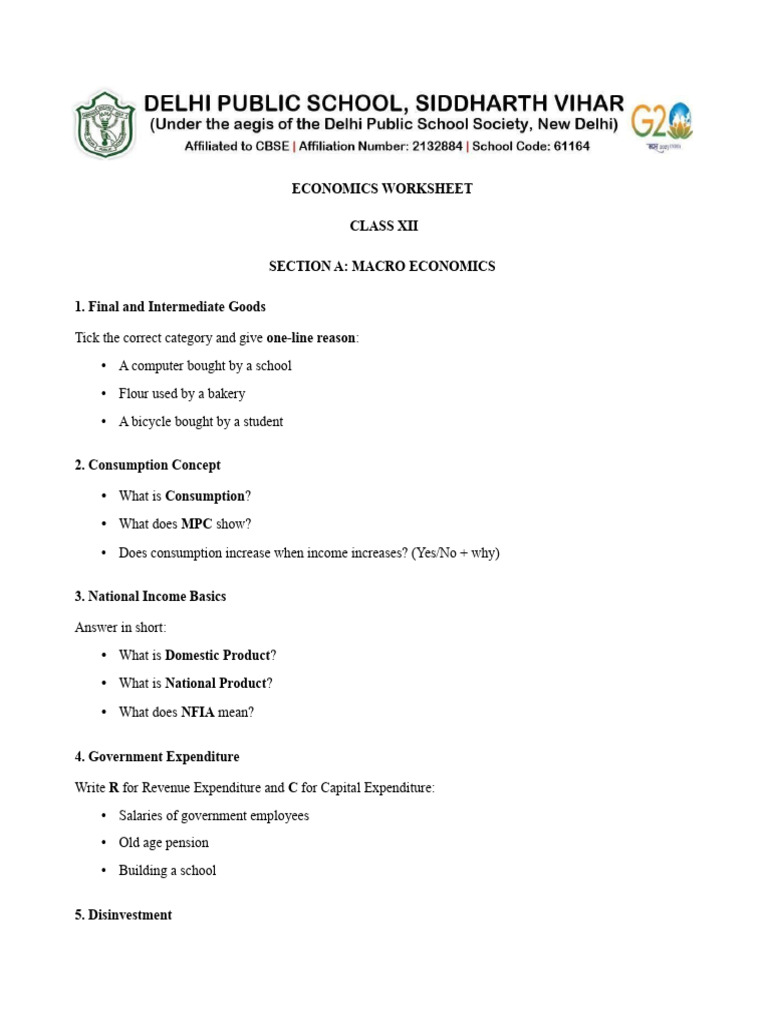 Class XII Economics Worksheet Guide | PDF | Gross Domestic Product ...