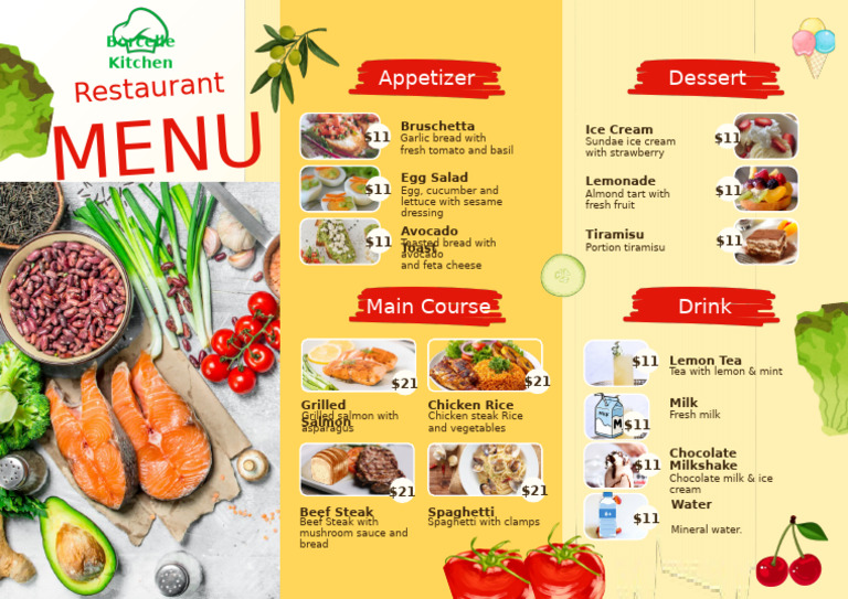 Yellow and Red Modern Playful Restaurant Menu A4 | PDF