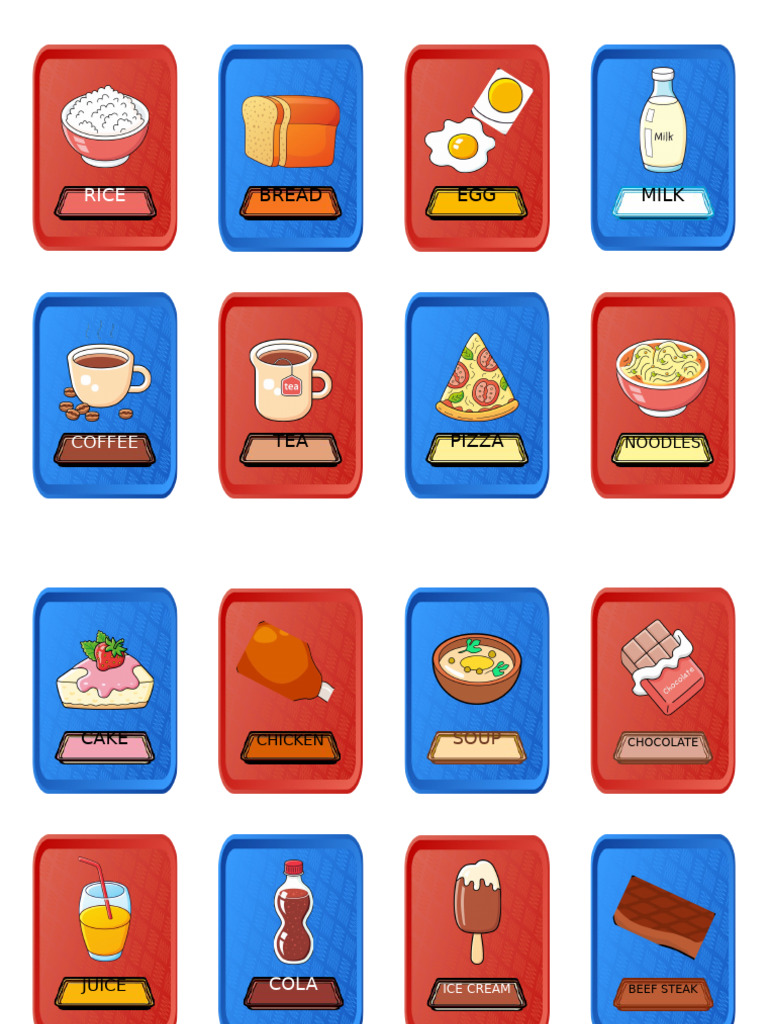 Food and Drink Vocabulary Flashcard in Red Blue Illustration Style | PDF