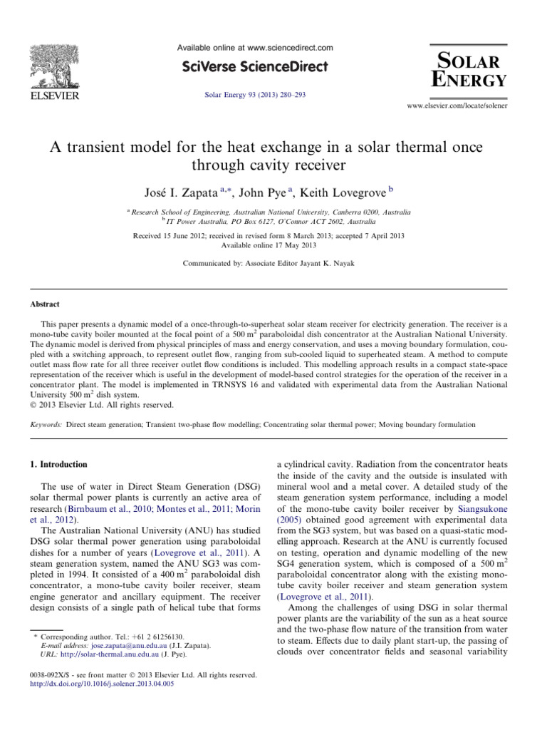 Transient Model For The Heat Exchange in A Solar Thermal Once Through ...