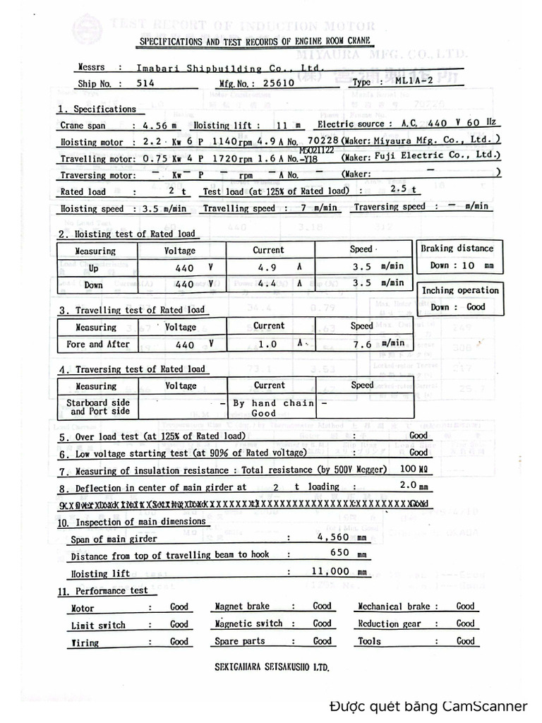 Specifications and Test Record of Eng Room Crane | PDF