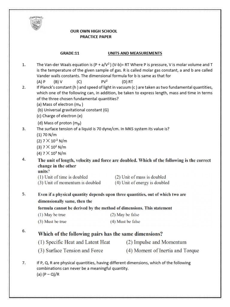 Grade 11 Units and Measurements Practice | PDF | Momentum | Mass