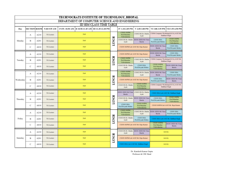 III Semester Class Schedule CSE | PDF