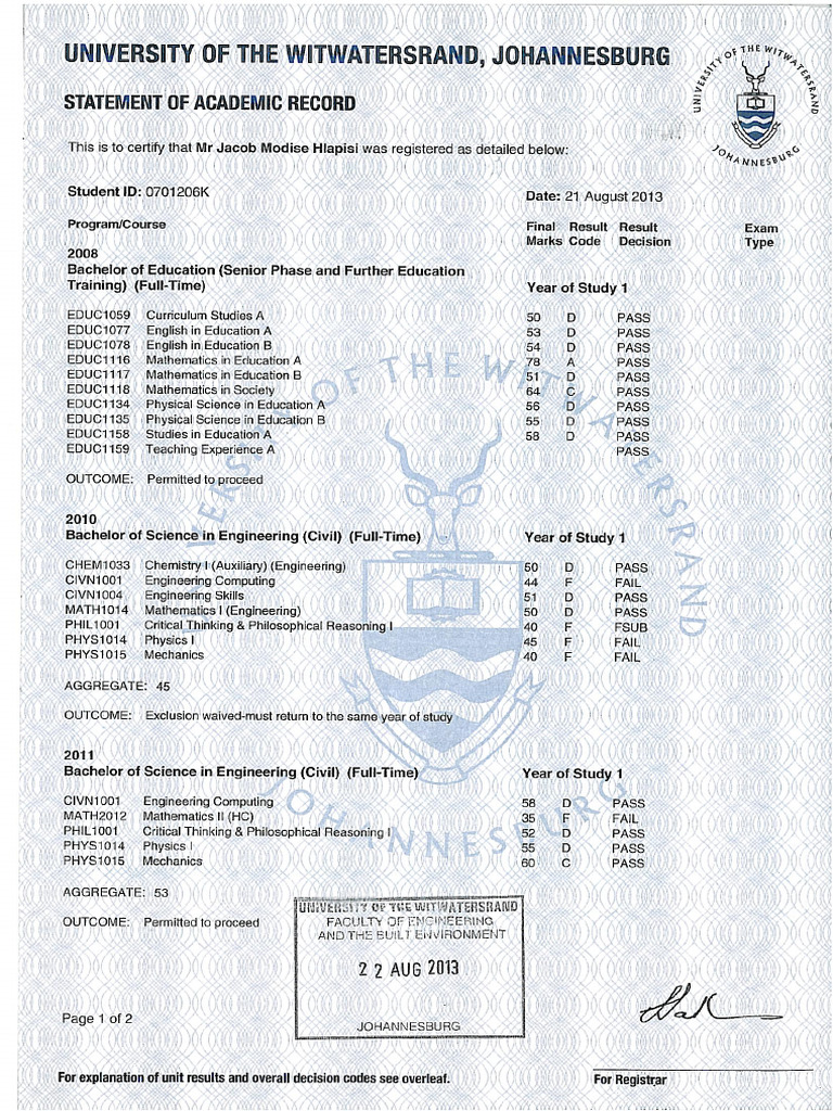Wits Academic Record (BSC Civil Engineering) | PDF