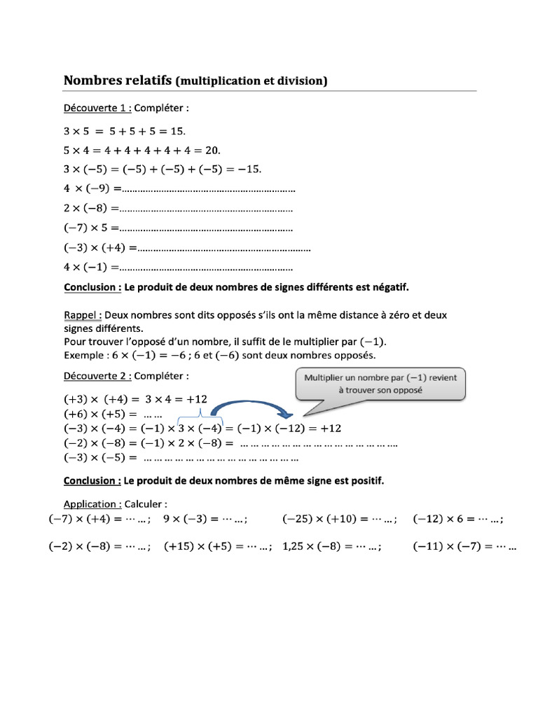 Activite Multiplication Et Division Relatifs | PDF