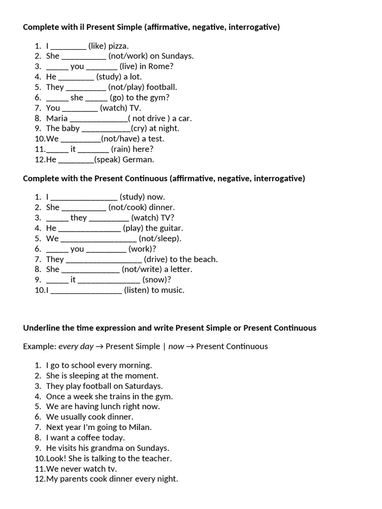 Present Simple vs. Present Continuous Exercises | PDF