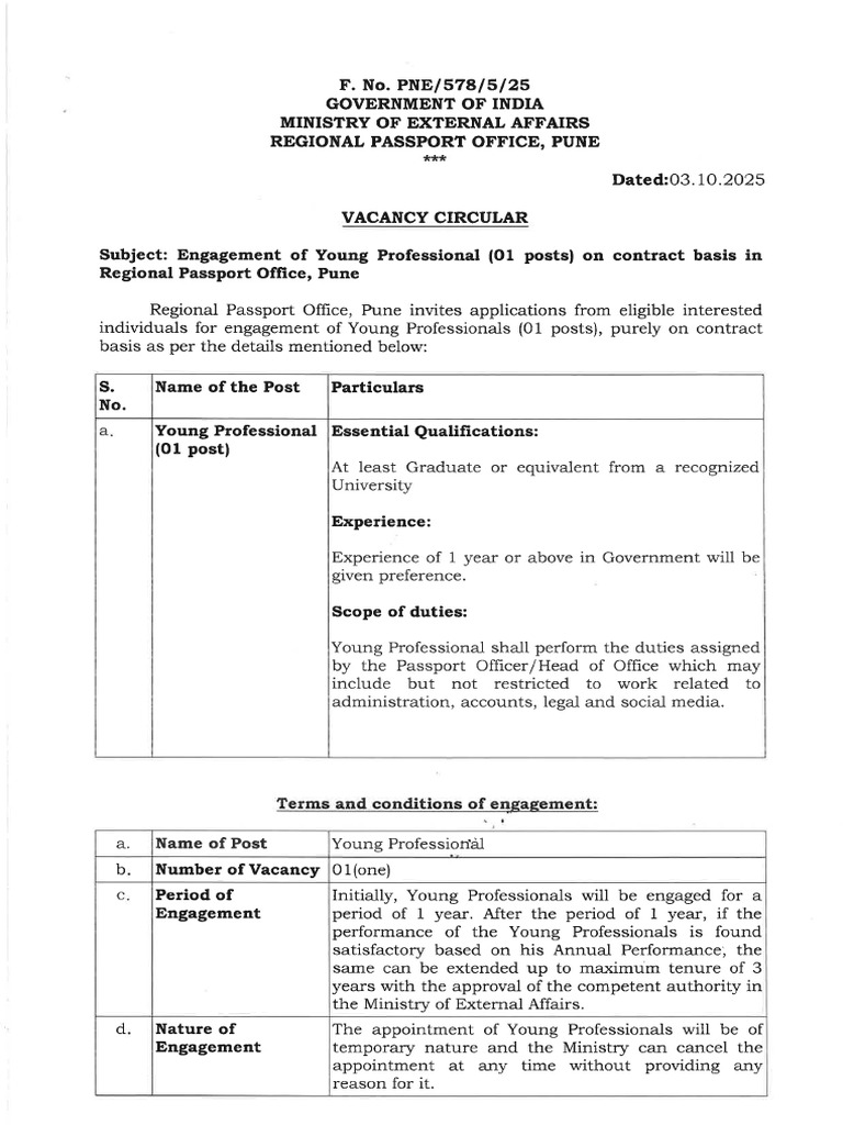 Vacancy Circular Regional Passport Pune | PDF