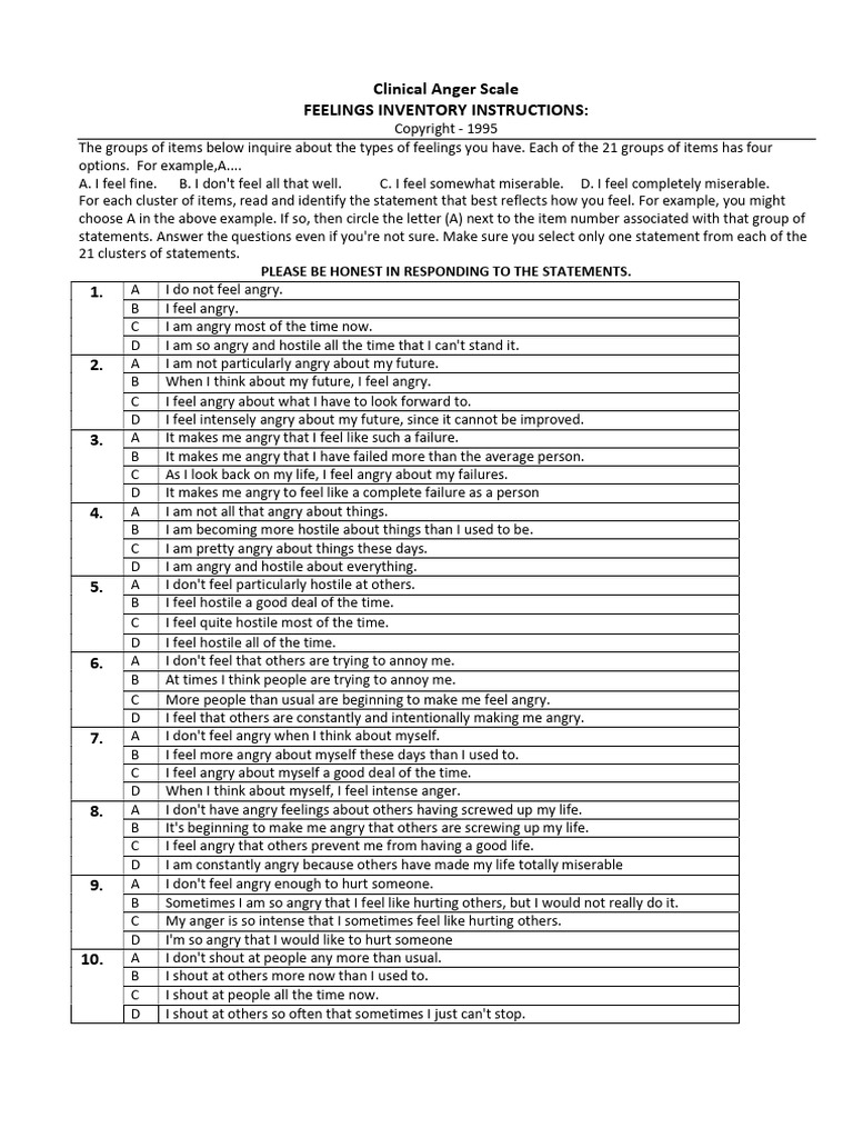 Clinical Anger Scale Assessment Tool | PDF | Anger | Psychological Concepts
