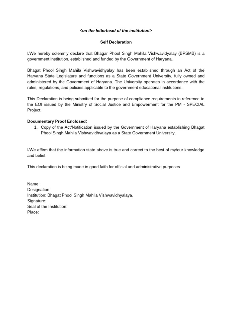 Declaration For Governement Institution | PDF