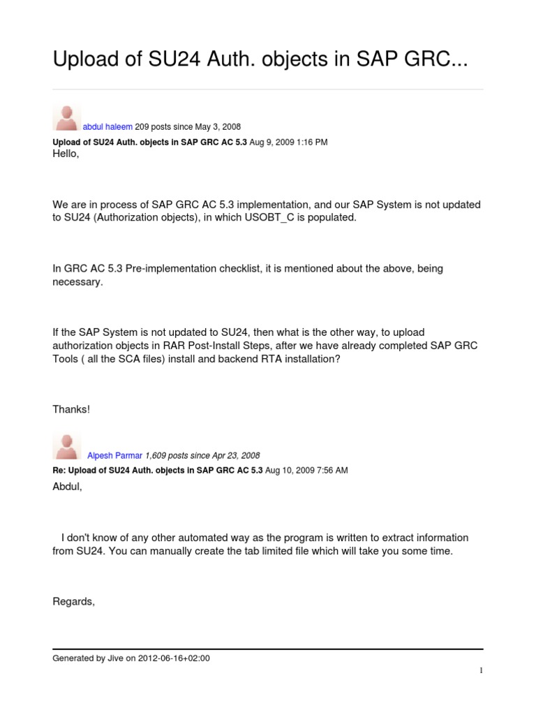 Upload of SU24 Auth. Objects in SAP GRC | PDF | File System | Utility ...