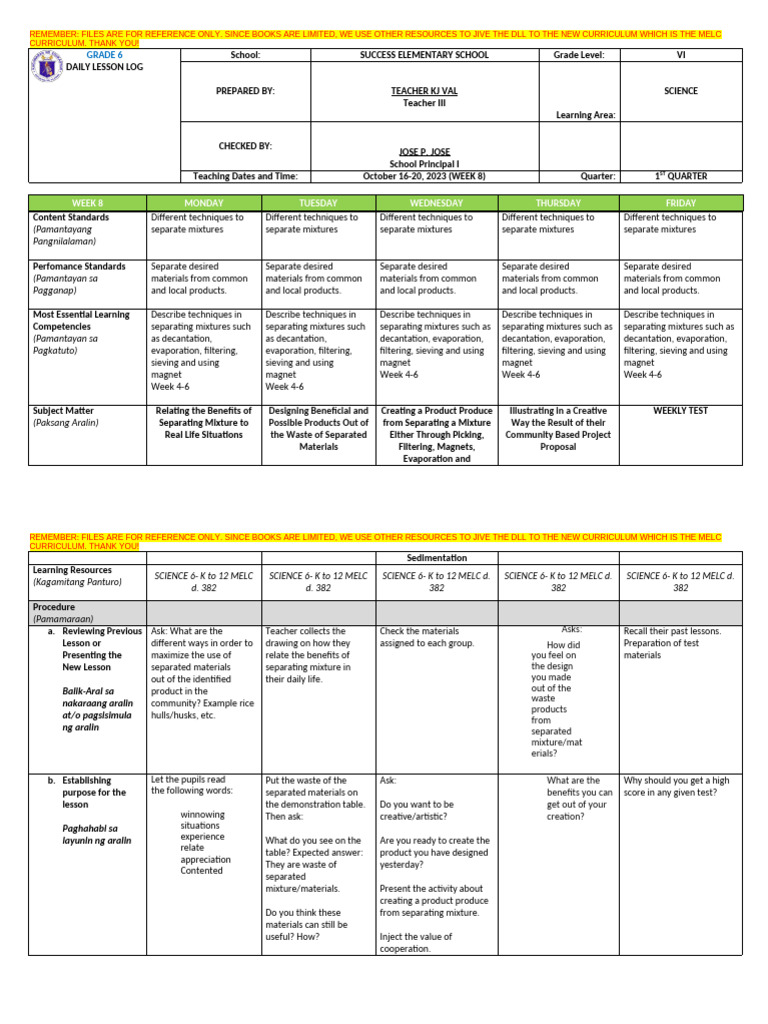 DLL - SCIENCE 6 WEEK 8 - Q1 by Teacher KJ VAL | PDF | Curriculum