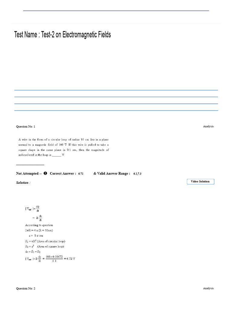 Test-2 On Electromagnetic Fields | PDF