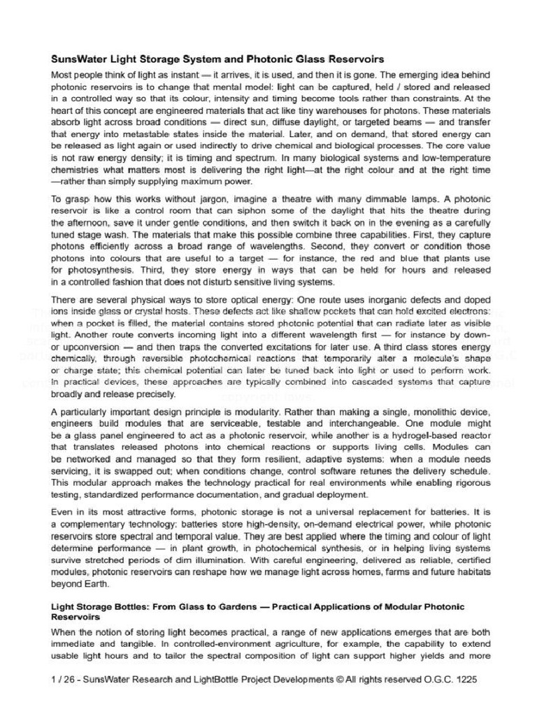SunsWater Light Storage System and Photonic Glass Reservoirs | PDF