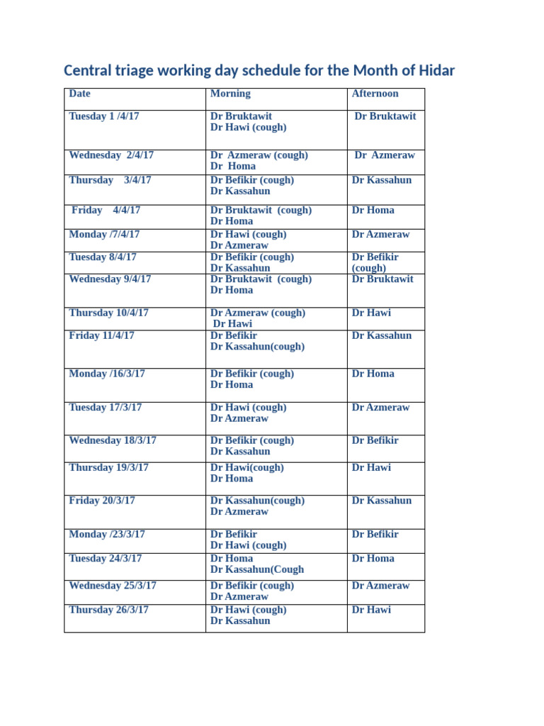 Hidar Month Triage Schedule 2017 | PDF