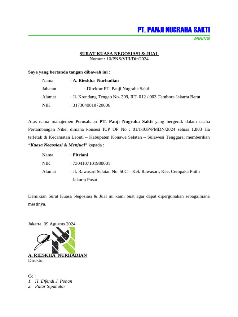 Surat Kuasa Negosiasi Jual Nikel 2024 | PDF