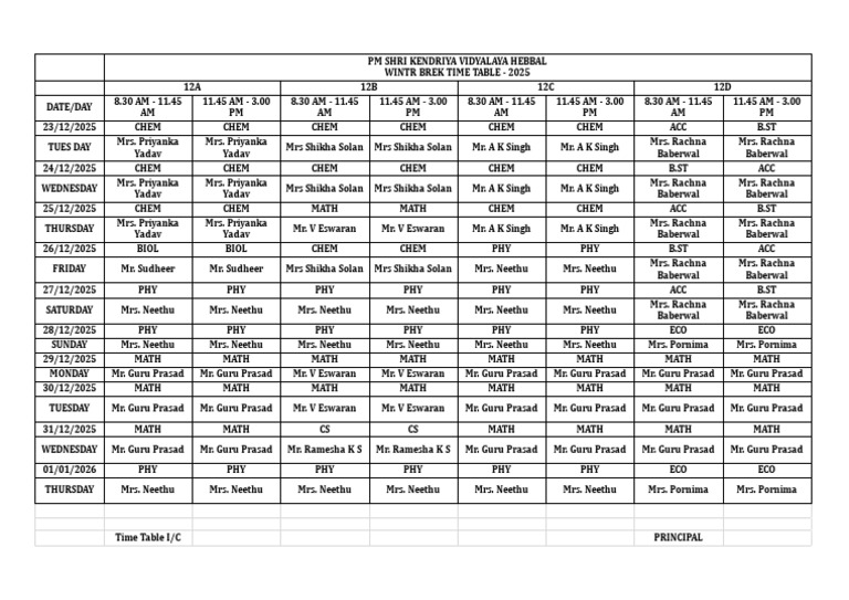 KV Hebbal Winter Break Timetable 2025 | PDF