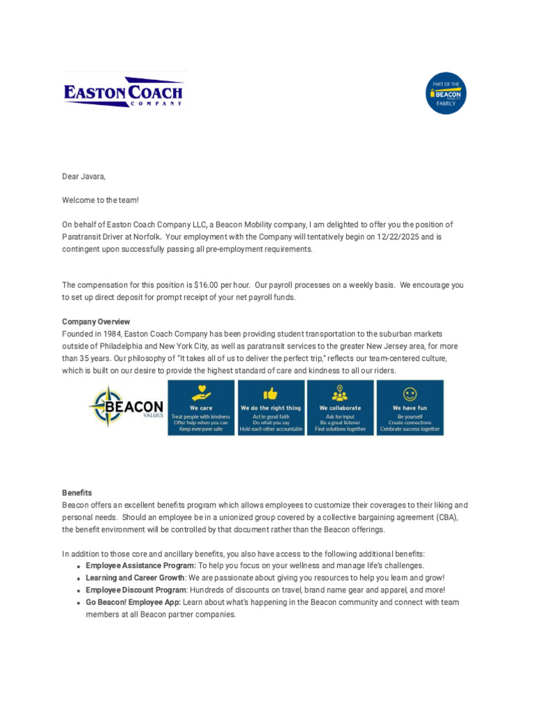 Paratransit Driver Job Offer Letter | PDF | Employment | Business