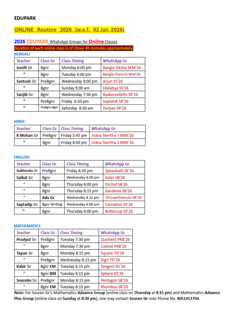 2026 EDUPARK Online Class Schedule | PDF