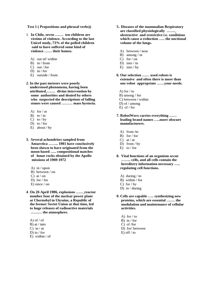 Prepositions and Phrasal Verbs Test | PDF | Nutrients | Fat