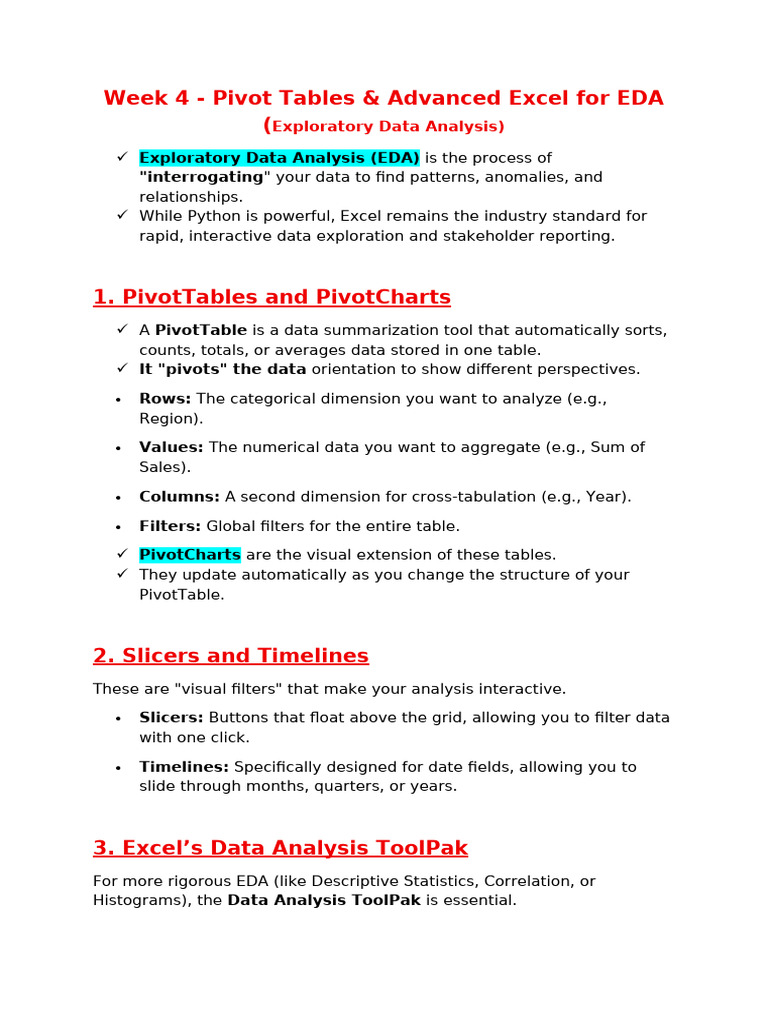 Week 4 - Pivot Tables & Advanced Excel For EDA | PDF | Data Analysis ...