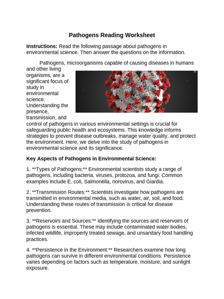 Pathogens Reading Worksheet: Instructions | PDF | Pathogen | Water ...