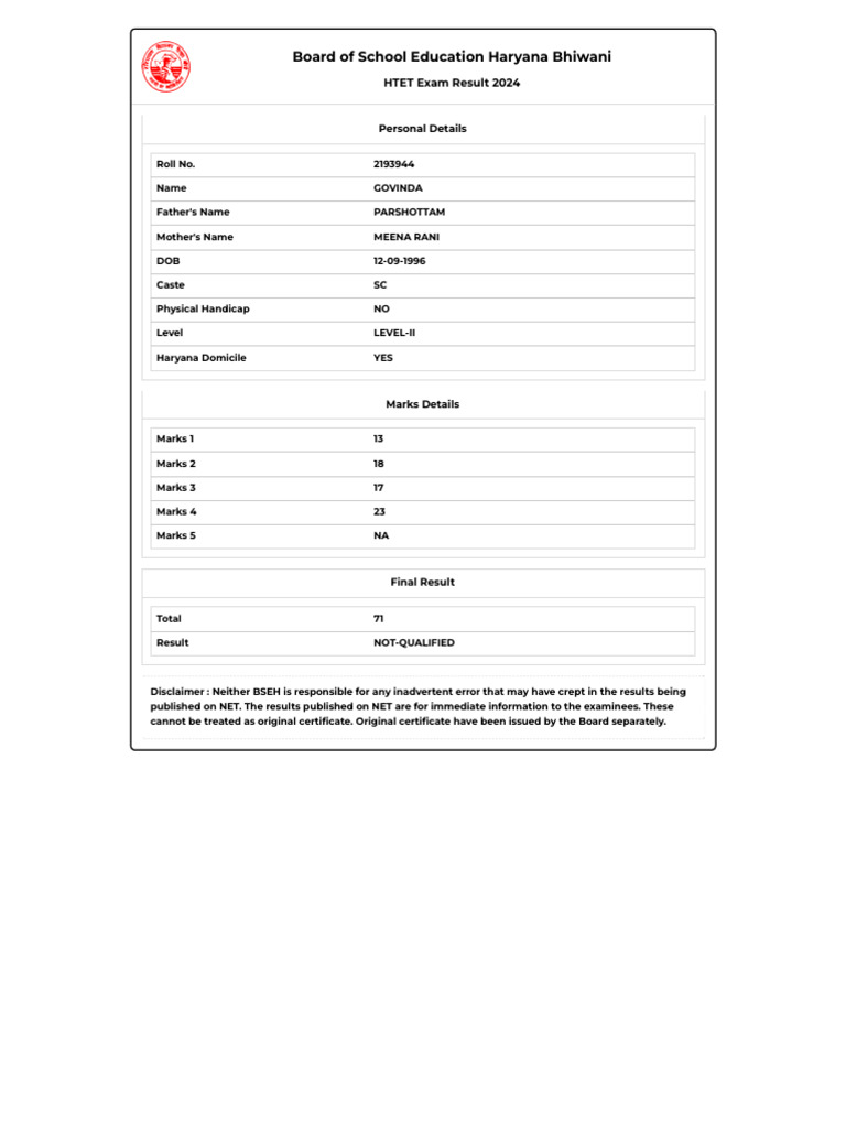 HTET Result 2024 | PDF